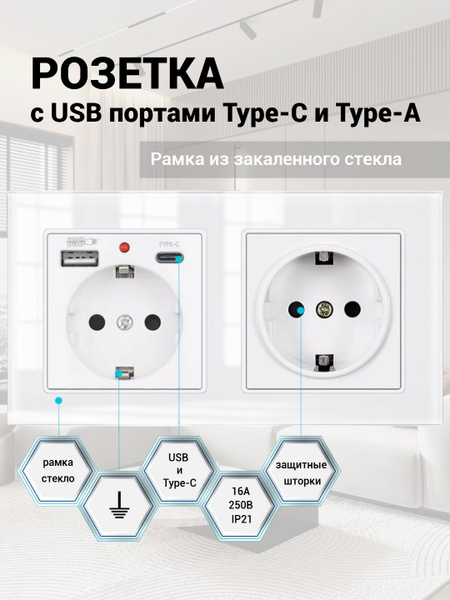 Розетка двойная с Usb и Type C входами 2 поста рамка закаленное стекло 153mm 82mm цвет белый