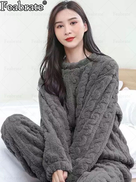 Пижама Женский Feabrate с юбкой Корал-флис, размер 42, 44 Однотонный средне-серый Длинный Китай ...