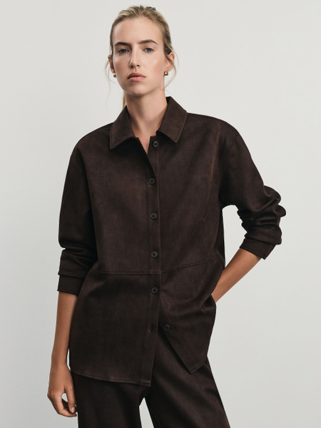 Блузка Женский Zarina темно-коричневый Полиэстер, Эластан Длинный Однотонный, размер 48 оверсайз ...