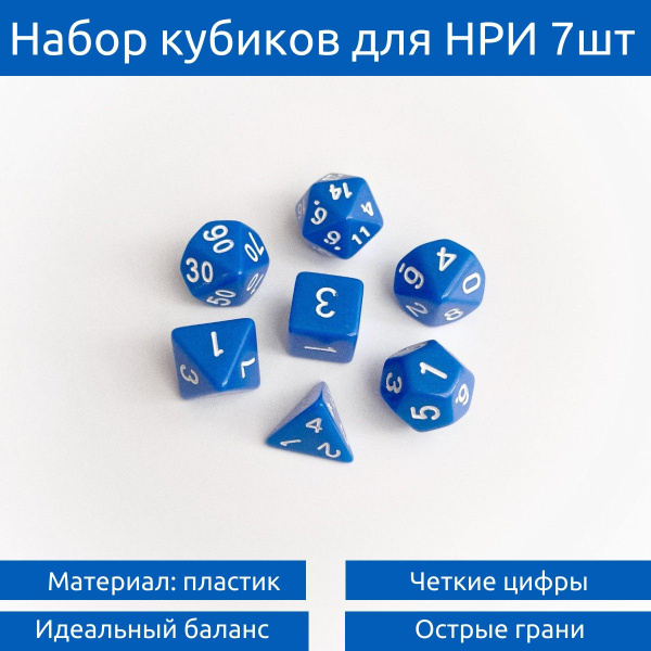 Кости игральные, кубики для ДнД (Dungeons and Dragons, DnD) 7шт, синие ...