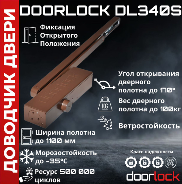Doorlock Доводчик дверной до 100 кг со скользящей тягой с фиксацией, с регулировкой усилия ...