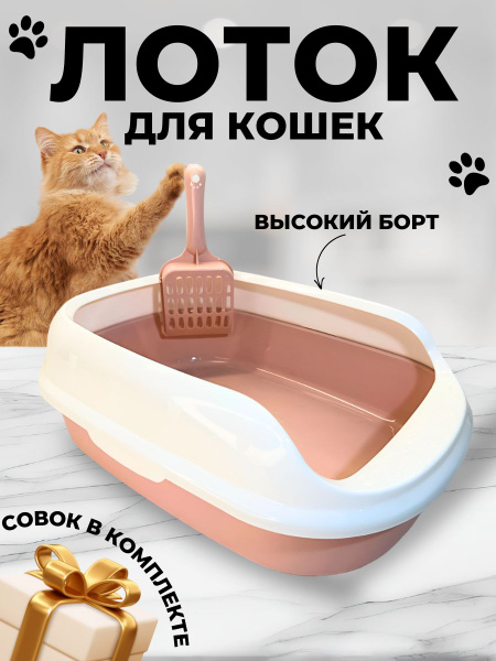 Большой лоток для кошек с высокими бортами и совком купить с