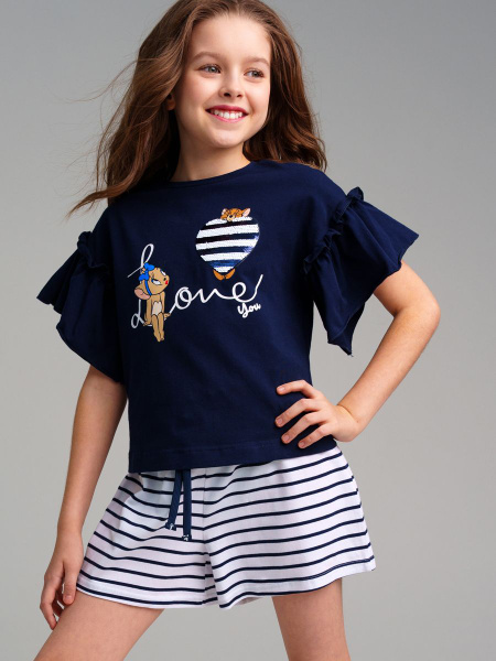 Футболка Девочки PlayToday темно-синий Короткий, размер 134 Трикотаж Логотип Повседневный Китай ...