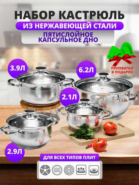 Характеристики AQRA Набор кастрюль из нержавеющей стали - 8 предметов ...