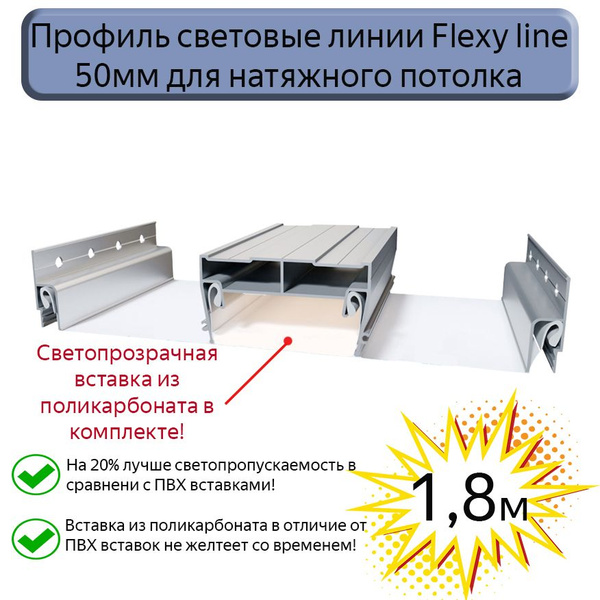 Профиль световые линии Flexy line 50мм для натяжного потолка,вставка ПК в комплекте, 1,8м ...