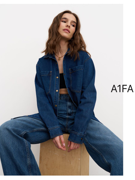 Рубашка Женский A1FA темно-синий Длинный Хлопок Карманы Однотонный ...