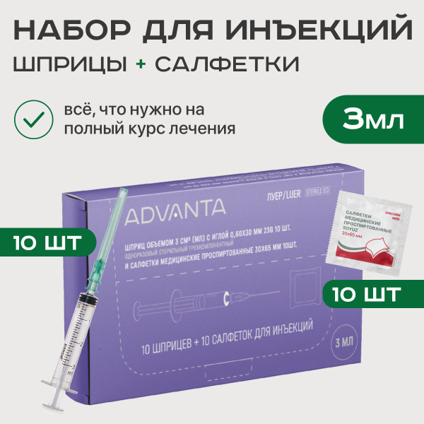 Шприцы медицинские 3 мл 10 шт 3-х компонентные инъекционные одноразовые ...