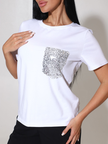 Футболка Женский MIROLINE белый бриллиант Короткий, размер 46 Хлопок, Лайкра прямой Пайетки ...