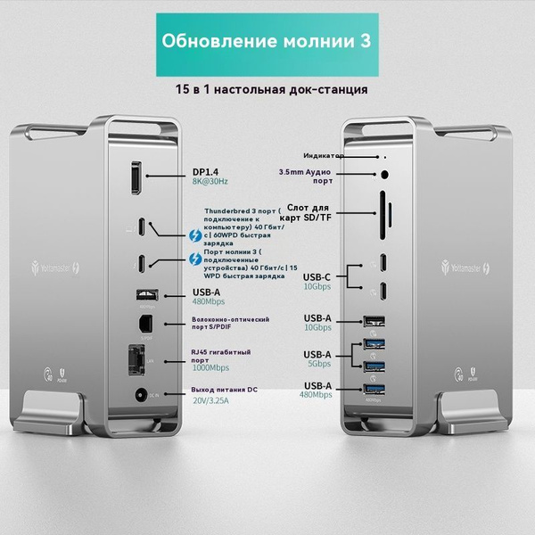 USB-концентратор Thunderbolt 3 YOTTAMASTER 15-в-1 DP 3,5 мм Слоты для ...
