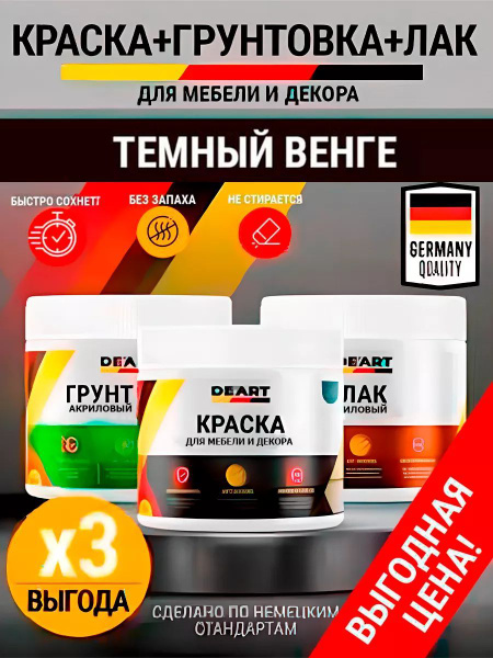 Краска для мебели и декора венге тёмный(+лак акриловый + грунт ...