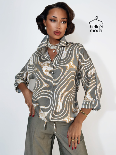Блузка Женский HELLO MODA! оливковый, бежевый Полиэстер Три четверти Абстракция, размер 58 ...