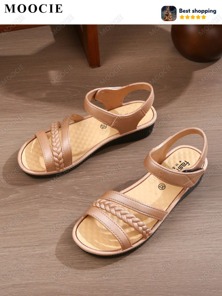 Босоножки Женский MOOCIE золотой Без каблука ABS пластик, Искусственная кожа, размер 36 Толстая ...