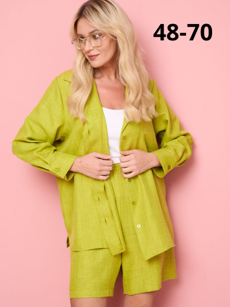 Рубашка Женский SPARADA салатовый Длинный Однотонный, размер 60, 62 свободный Пуговицы Россия ...