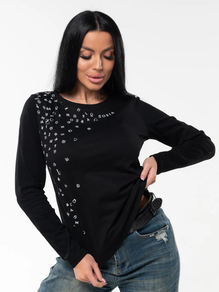 Лонгслив Женский Sofia trikotaz черный, черный лакированный никел Длинный, размер 52 Хлопок ...