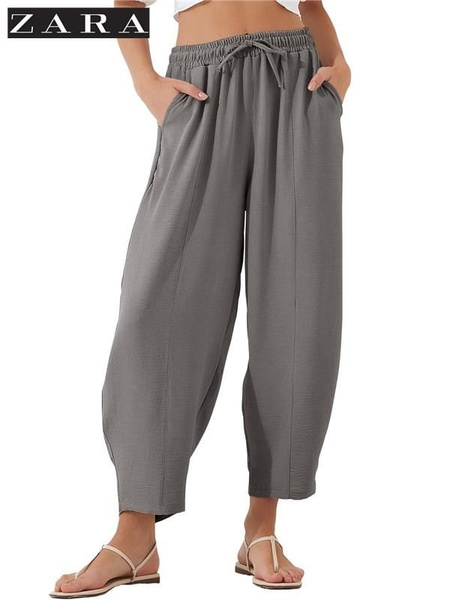Брюки Женский Zara классические, широкие серый Полиэстер Повседневный, размер 52 Эластичная ...