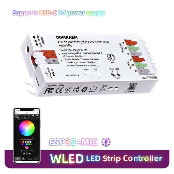 DOMRAEM ESP32USB-C5V WLED контроллер с микрофоном совместим с WS2811 ...