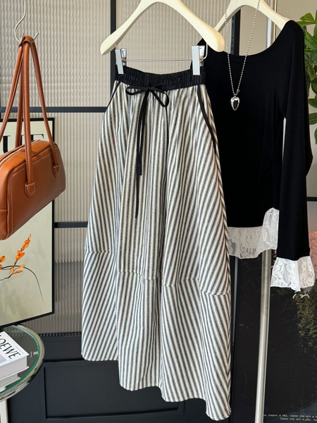 Юбка Женский CMLM черный Жаккард, размер универсальный Без застежки Миди Шнуровка Демисезон ...