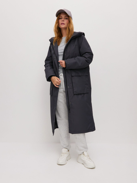 Пальто утепленное Женский Avese серый капюшон Мембранные материалы, размер 46 Длинный Демисезон ...