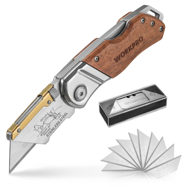 WORKPRO Складной нож WORKPRO с зажимом для ремня и дополнительными 10 лезвиями, деревянная ручка ...