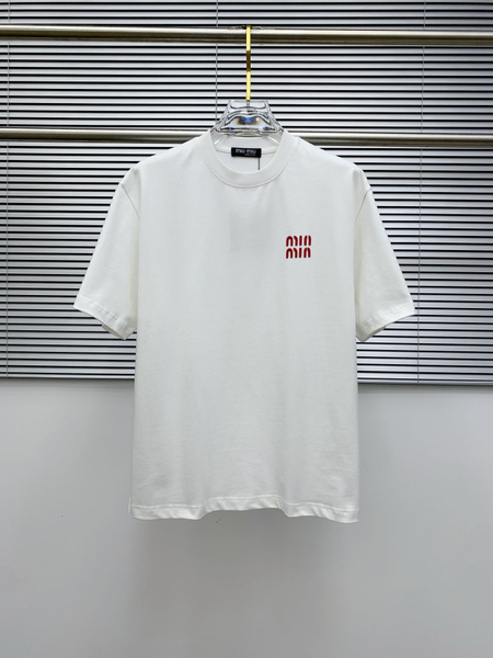 Футболка Мужской Женский Miu Miu белый Короткий размер 42 Хлопок Надписи Логотип облегающий