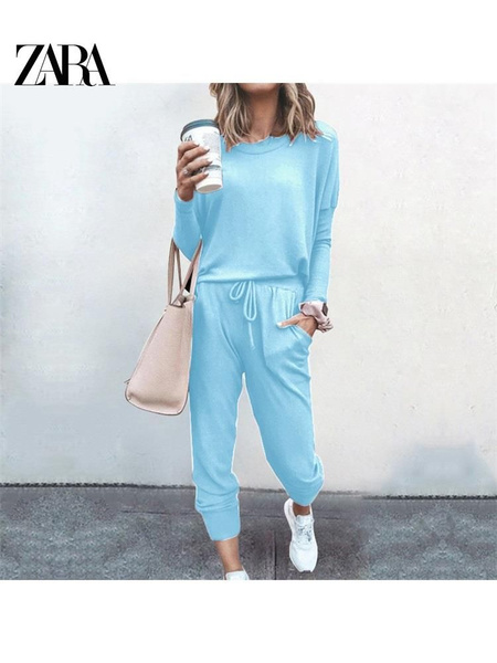 Комплект одежды Женский Zara Повседневный голубой, размер 46 Хлопок Однотонный, рост 155-185 ...