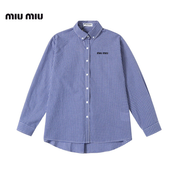 Рубашка Мужской Женский Miu Miu сине серый Длинный Хлопок Поролон Манжеты Клетка размер 44