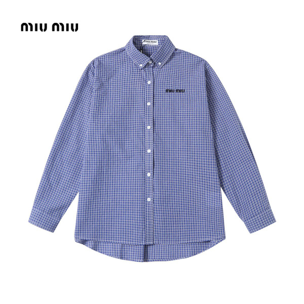 Рубашка Женский Мужской Miu Miu синий Длинный Хлопок Значки Логотип размер 48 50 свободный