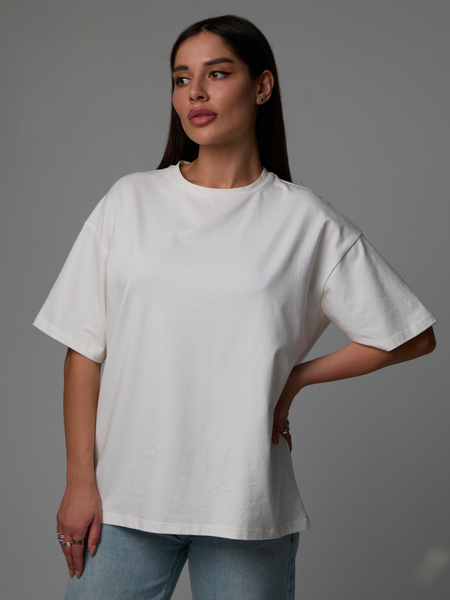 Футболка Женский SLN молочный, белый Средний, размер 44 Хлопок, Эластан Однотонный оверсайз ...