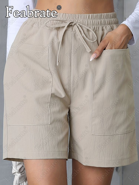 Шорты Женский Feabrate Повседневный светло-бежевый, размер 44 Полиэстер, Спандекс Эластичная ...