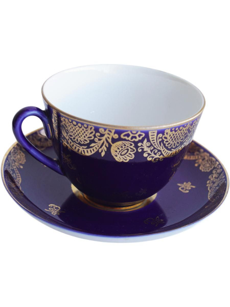 Винтажная чашка с блюдцем "Золотой фриз. Цветочки". Кобальт. Фарфор, ЛФЗ. СССР, 1970-1980. 250 ...
