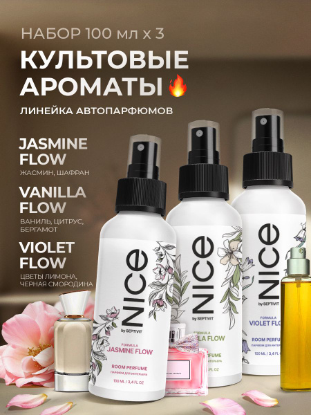Ароматизатор для автомобиля набор 100 мл Jasmine Flow, Vanilla, Violet Flow NICE by Septivit ...