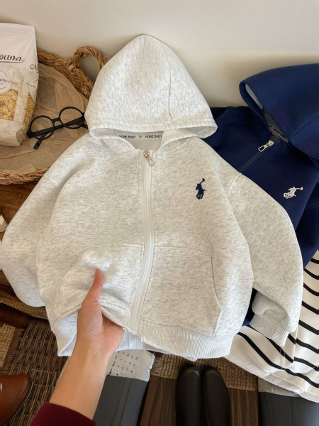 Толстовка Мальчики Девочки Вышивка приглушенно белый натуральный серый Молния Хлопок размер