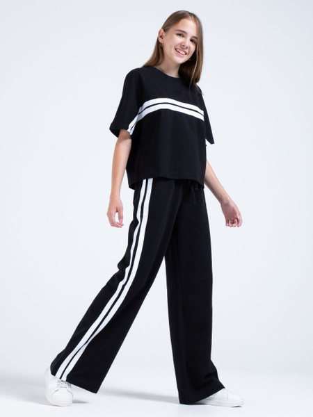 Костюм спортивный Девочки STELLA MODA Спортивный двойка черный, размер 164 Футер Полоска Лампасы ...