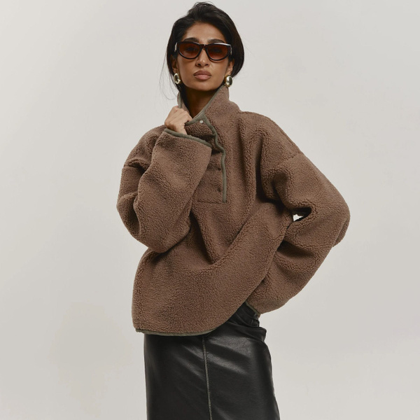 Свитшот Женский Pull&Bear глубокий коричневый Кнопки Полиэстер, размер 44 свободный Длинный ...