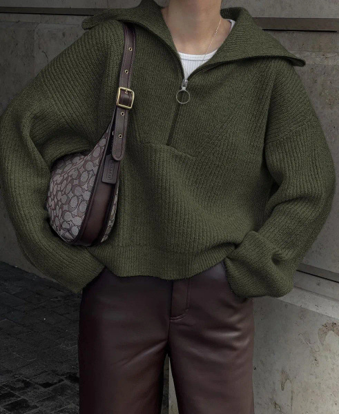 Свитер Женский Plimea хаки, размер 42, 44 Молния Молния оверсайз Длинный воздухопроницаемость ...