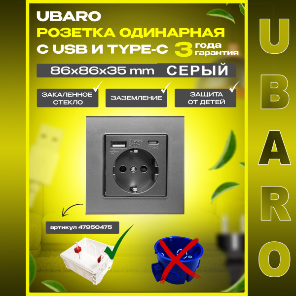 Розетка электрическая C Usb и Type C разъемами со шторками заземлением рамкой из закаленного