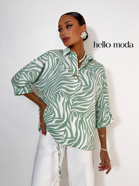 Блузка Женский HELLO MODA! салатовый Полиэстер Три четверти Анималистический, размер 48 Шнурок ...