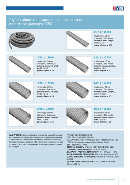 Труба гофрированная D16 мм Ruvinil, ПВХ (серая) с зондом, легкого типа ...