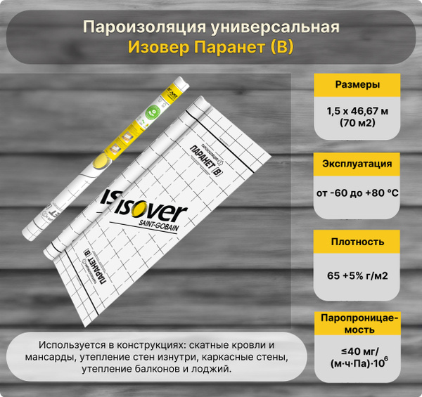 Изовер Паранет B пароизоляция универсальная 1,5 х 46,67 м / 70 кв.м/рул ...
