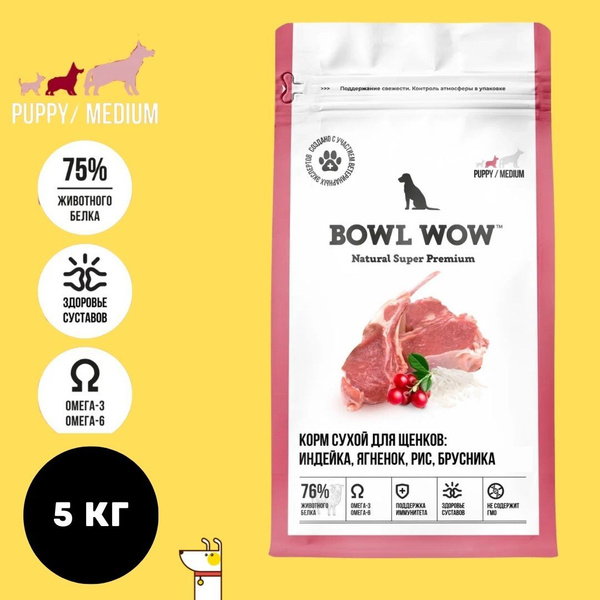 Корм сухой BOWL WOW супер премиум с индейкой, ягненком, рисом и брусникой для щенков средних ...
