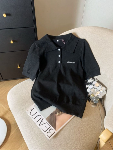 Поло Женский Miu Miu черный Короткий размер 44 Хлопок свободный Офисный школьный Китай Гонконг