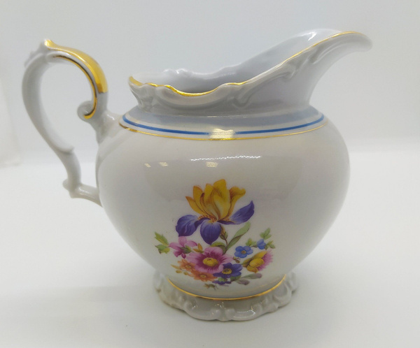 Молочник винтажный с цветочным декором и сине-золотым кантиком, фарфор, деколь, золочение, Kahla ...