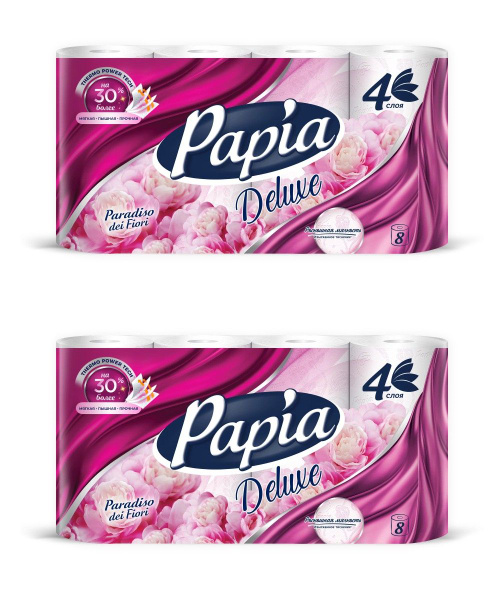 Papia Туалетная бумага Deluxe, Paradiso Fiori, 4 слоя, 8 рулонов, 2 уп ...