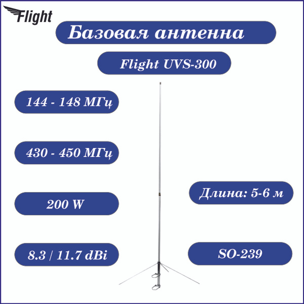 Радиоантенна FLIGHT UVS-300, 144-148/430-450 МГц, 8.3/11.7 дБ, IP68, 5.2 м купить на OZON по ...