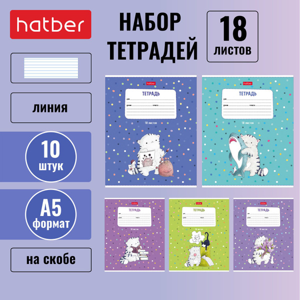 Набор тетрадей Hatber 18 листов, формата А5, в одну линию, 65 г/кв. м, на скобе, 10 штук/5 ...