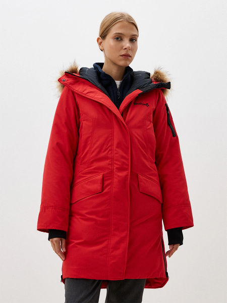 Пальто пуховое Женский RedFox Капюшон, Карманы красный круглый Полиэстер, Хлопок, размер 52, 54 ...