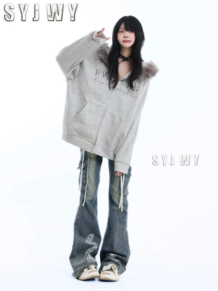 Толстовка Женский SYJWY Значки серый Молния Полиэстер FR, размер 50 свободный Длинный Логотип ...