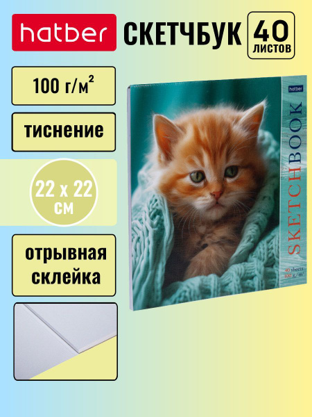 Блокнот SketchBook Hatber 40 листов 220х220мм, без линовки 100г/кв.м, отрывная склейка ...