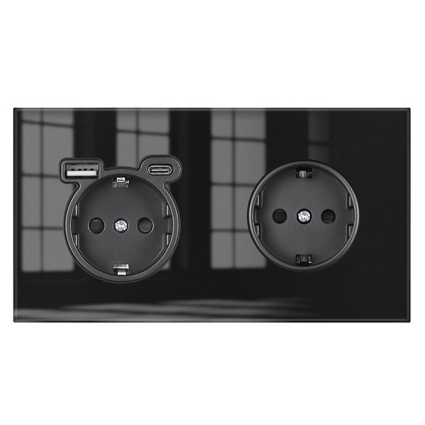 Розетка двойная с Usb и Type C входами 2 поста рамка закаленное стекло 153mm 82mm цвет чёрный