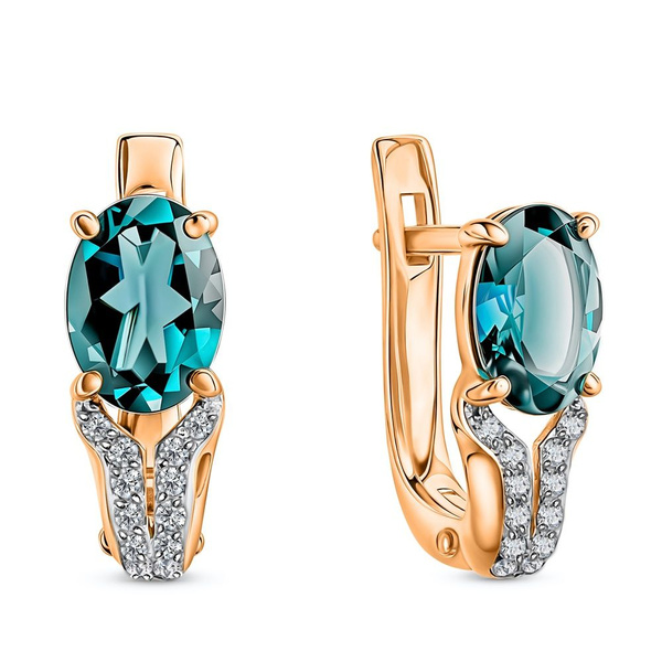 585GOLD Серьги женские с топазом лондон и фианитами из красного золота ...
